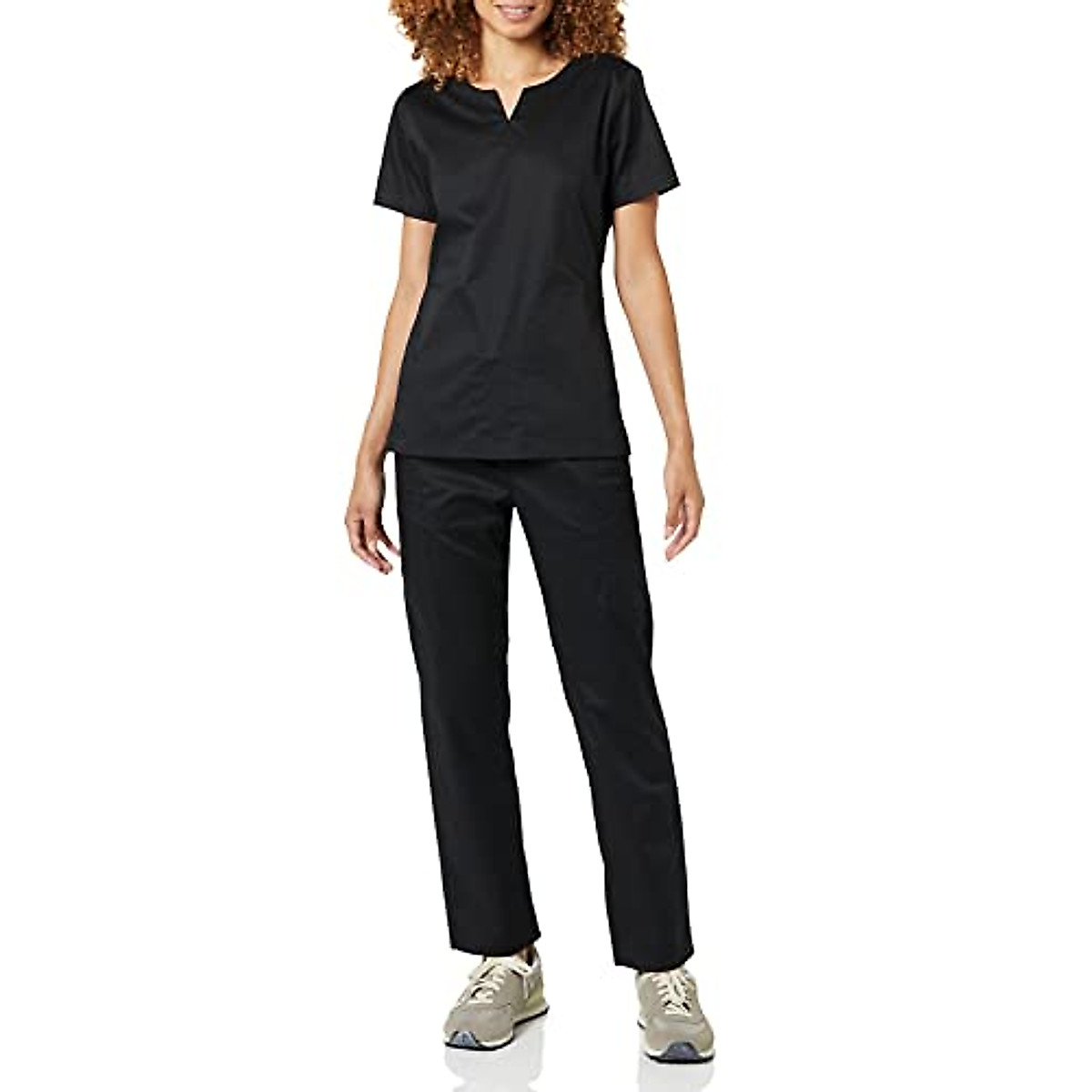 Amazon Essentials Women's Classic Fit Split Neck Crew Scrub Top (Available in Plus Size), Black, Large