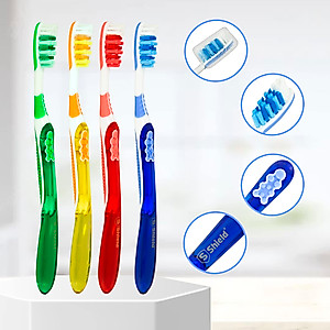 Shield Care Toothbrush Dual Pro with Multi-Level Filaments, Anti-Slip Grip (Expert Care - Soft Bristles) Adult - Yellow, Red, Blue, Green - 4 Count (Pack of 1)