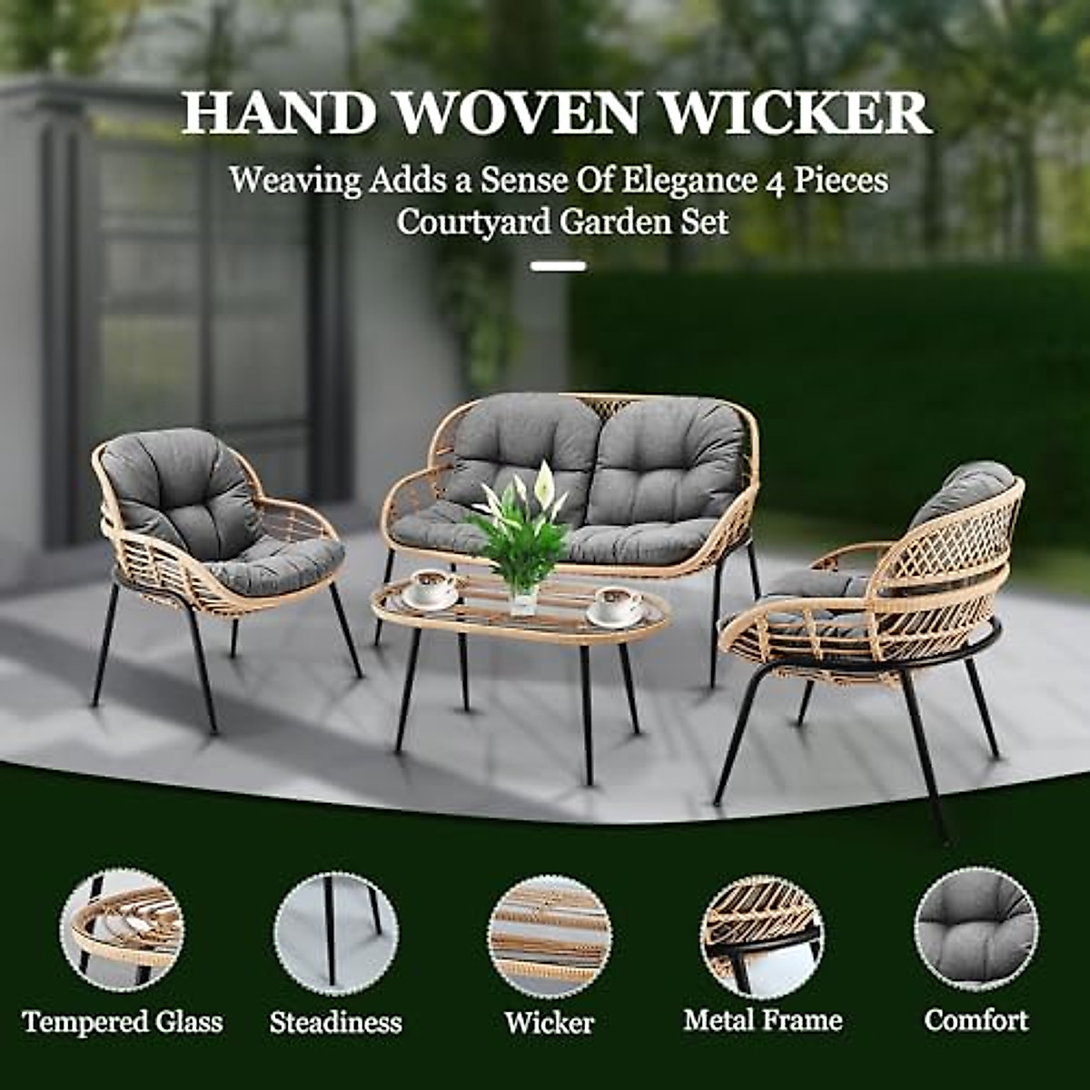 Urban Home Furniture Belize 4-Piece PE Natural Rattan Outdoor Conversation Set, 2 Single Chairs with Cushions, Loveseat with Cushions, Coffee Table with Glass Top, with Grey Cushions