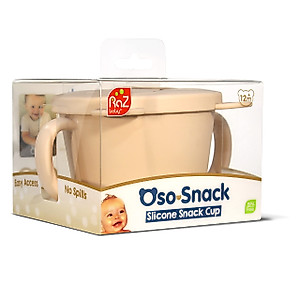 RAZBABY Oso-Snack 100% Silicone Snack Cup, 6M+, Spill-Proof Food Container w/Weighted Bottom, Easy to Hold for Baby & Toddler, Removable Lid, Easy to Clean, BPA-Free, Dishwasher Safe – Tan