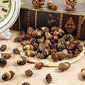 Syhood 200 Pieces Thanksgiving Natural Mini Pine Cone Artificial Acorn Pine Cone Ornament Simulation Lifelike Small Acorn with Natural Cap Fake Craft Acorn Prop for Vase Filler Autumn Winter Home