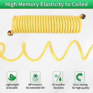 Yereen Coil Garden Hose 25FT, EVA Recoil Garden Hose, Self-coiling Water Hose with 3/4" Brass Connector Fittings with 8 Function Spray Nozzle, Creamy Yellow