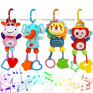 Baby Toys for 3 6 9 to 12 Months, Infant Toys Soft Hanging Rattle Crinkle Sensory Learning Toys Newborn Stroller Car Seat Crib Toys Plush Animal Rattle Toys with Teether for Baby Boys Girls