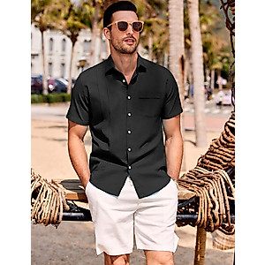 COOFANDY Mens Casual Button Down Shirts Short Sleeve Cuban Guayabera Shirt Summer Beach Top Linen Shirt Black