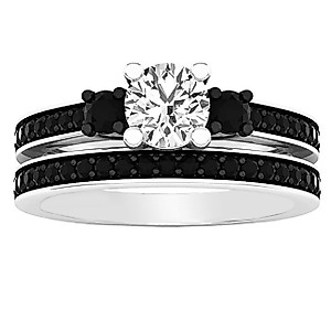 Dazzlingrock Collection 5 mm Round White Sapphire & Black Diamond 3 Stone Ring Set in 925 Sterling Silver Size 7