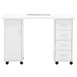 BarberPub Manicure Table, Acetone Resistant Nail Desk, Nail Table with 4 Drawers, 2 Cabinet, Lockable Wheels, Wrist Pad, Nail Desk for Nail Tech, Beauty Salon White 0611