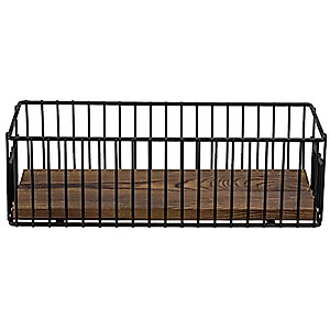 MyGift Toilet Paper Roll Holder Basket, Industrial Matte Black Metal Wire and Rustic Burnt Wood Above Tank Bathroom Toiletries Storage Organizer Vanity Basket