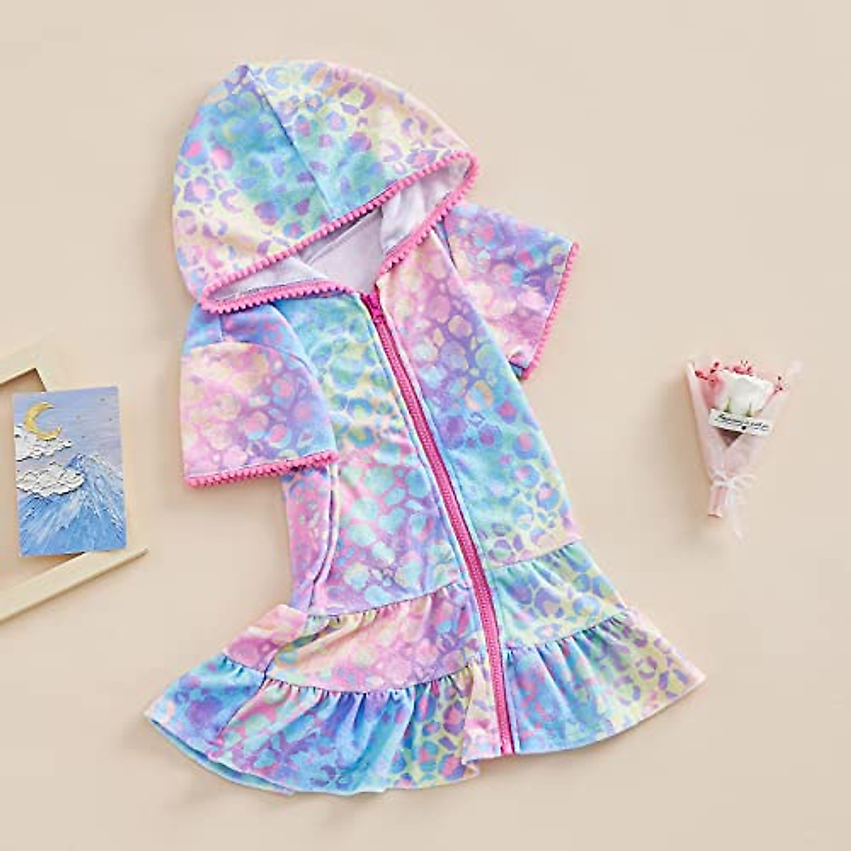 Girls Swim Cover Up Kid Hooded Zip-Up Terry Swimsuit Coverup Towel Bathing Suit Bathrobe Pool Swim Beach Robe Dress (Colorful, 7-8 Years)