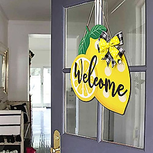 Huray Rayho Lemon Welcome Door Sign Summer Farmhouse Wooden Front Door Hanger, 13.7''x12.5'' Fresh Lemon with Yellow Black White Buffalo Plaid Bowknot, Summer Gift Ideas for Parents, Friends, Teachers