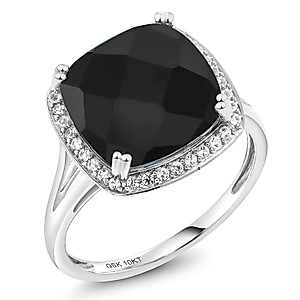 Gem Stone King 10K White Gold Black Onyx and White Created Sapphire Women Ring (5.77 Cttw, Cushion Checkerboard 12MM, Gemstone Birthstone, Available In Size 5, 6, 7, 8, 9)