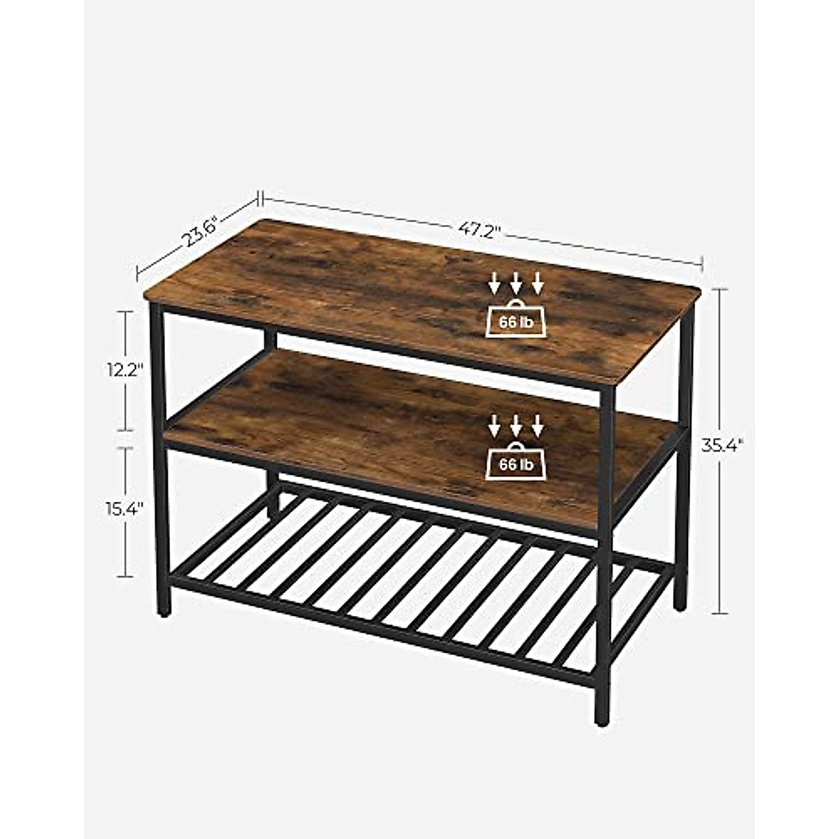 VASAGLE Kitchen Island with 3 Shelves, 47.2 Inches Kitchen Shelf with Large Worktop, Stable Steel Structure, Industrial, Easy to Assemble, Rustic Brown and Black UKKI01BX