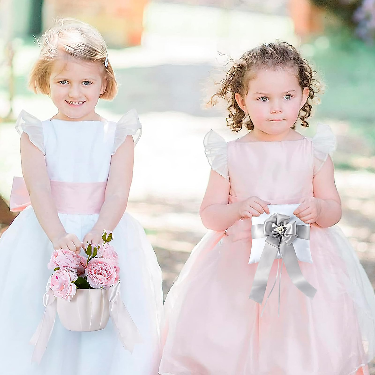 Little World Ring Pillow Silver Beaded Luxury, Decor Bridal Wedding Ivory Ring Bearer Pillow, 7.8 Inch x 7.8 Inch (White)