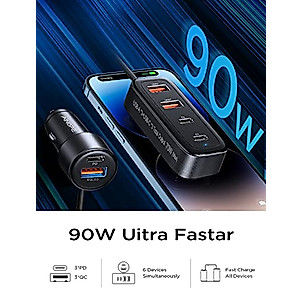 AINOPE 90W USB C Car Charger 6-Port, Super Fast USB Car Charger Fast Charging, PD 30W & QC3.0 Cigarette Lighter Car USB Charger Multi Port with 5FT Cable for iPhone 14/iPad Pro/Samsung S23 Ultra