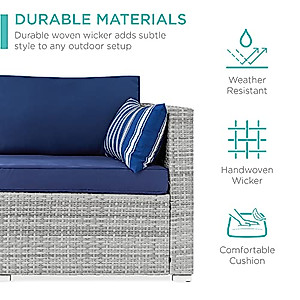 Best Choice Products 2-Person Outdoor Patio Loveseat Sofa, Modular Wicker Couch Furniture Conversation Set w/ 2 Accent Pillows, Adjustable Feet, 550lb Weight Capacity - Gray/Navy