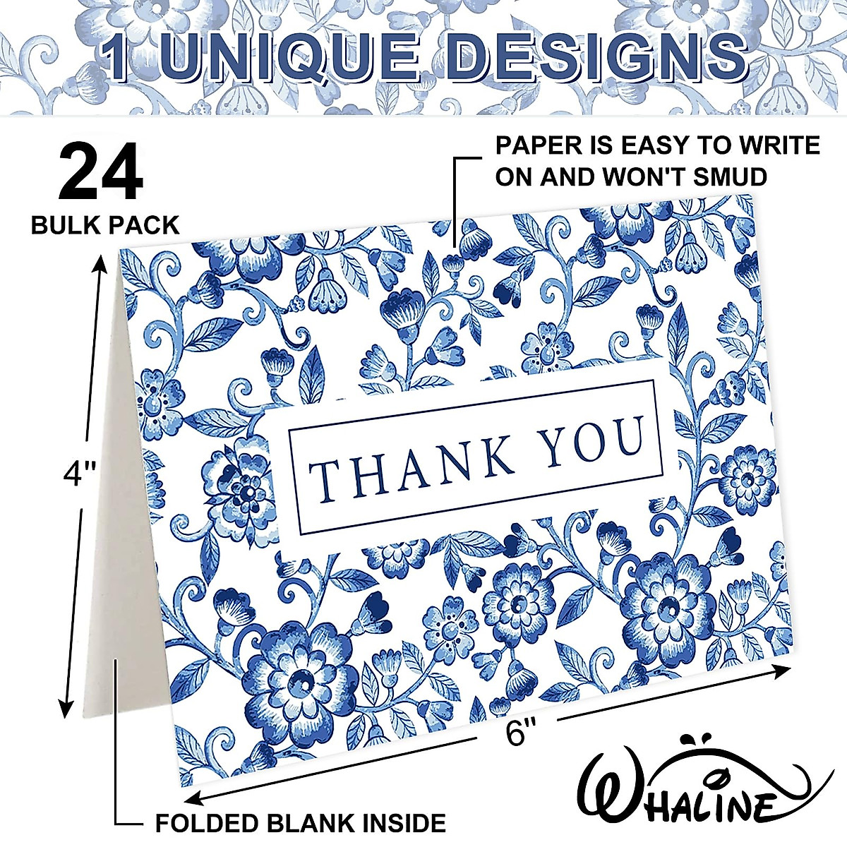 Whaline 24 Packs Floral Thank You Cards Blue White Chinoiserie Flower Greeting Cards Blank Note Cards with Envelopes and Stickers for Wedding Birthday Baby Shower Party, 4 x 6 Inch