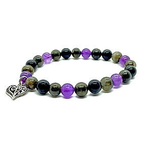 DCE Triple Stone OPTIMUM PROTECTION Gemstonets - Evil Eye for Protection - Labradorite - Amethyst - Black Tourmaline Beaded Healing Crystal Elastict with Heart Charm By DAZZLING CRYSTA