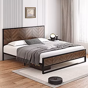 HIFIT Queen Deluxe Bed Frame with Natural Wood Finished Headboard and Footboard, Wood Platform Bed Frame with Strong Metal Frame, Wood Slat Support, No Box Spring Needed, Noise Free, Rustic Brown