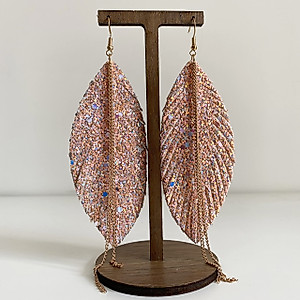 JIUIQL Unique Handmade Fashion Large Leopard Soft Leather Fringe Feather Dangle Drop Color Earrings Lightweight Faux Leather Sparkly Shine Glitter Leaf Earring for Women Statement Jewelry Gifts (Pink)