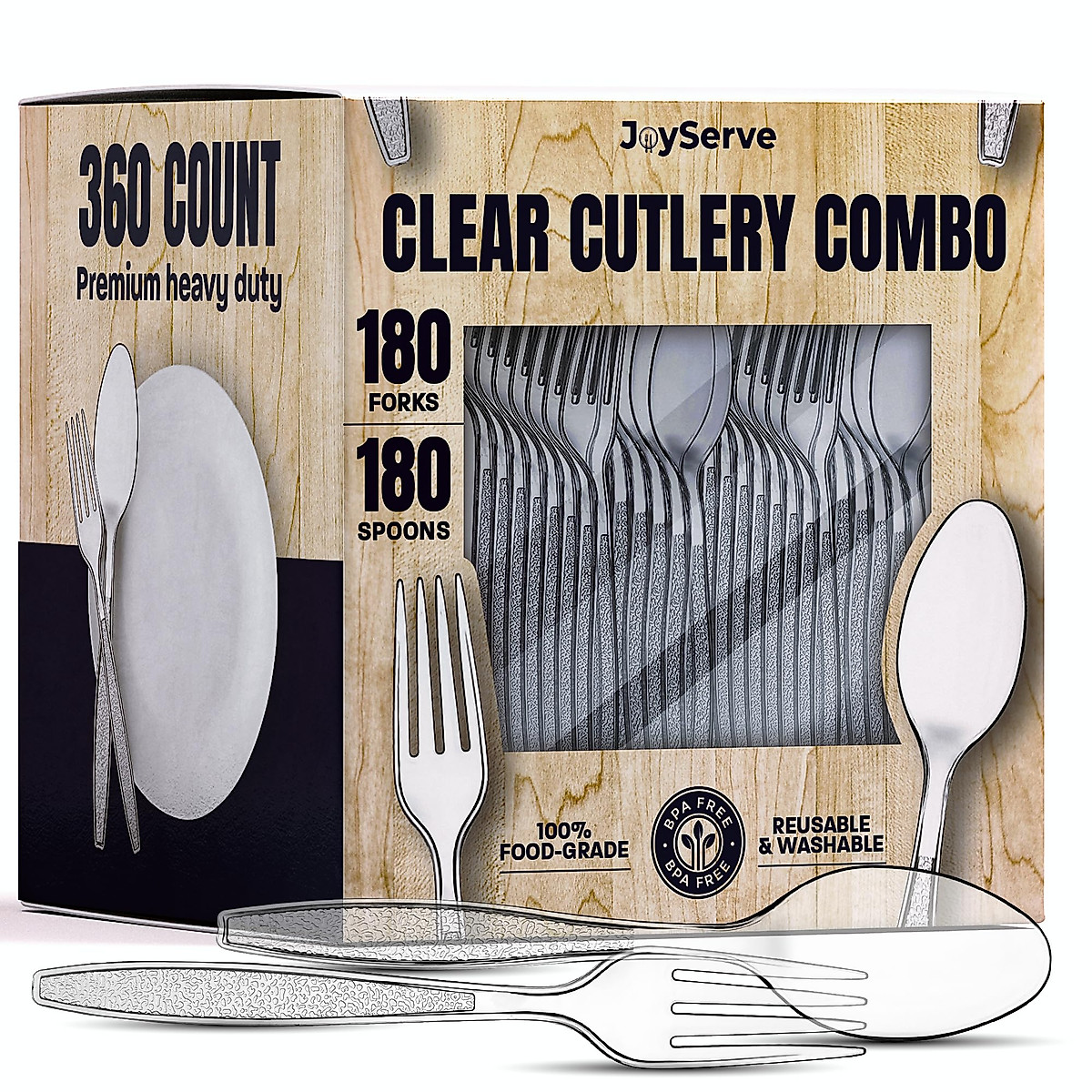 Clear Plastic Cutlery Set - (Bulk Pack 360 Pcs) Disposable Plastic Utensils Heavy Duty, 180 Plastic Forks and 180 Spoons, Silverware Sets for Party Supplies, Dinners, Take-Out, Catering, Food Services