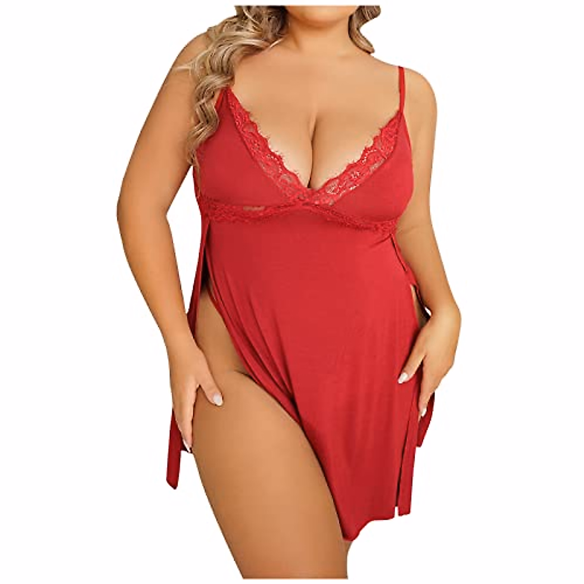 Women Plus Size Lingerie Babydoll Side Split Lace Sheer Chemise Sleepwear V Neck Sexy Nighty Lingerie Flowy Nightdress(Wine,XX-Large)