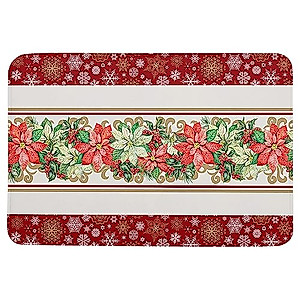 Poinsettia 1 Piece Water Absorbent Door Mat Anti-Skid Memory Foam Cushioned Rug Comfort Standing Floor Mat for Office Home Bathroom Kitchen 16x24 Inch Christmas Snowflakes Red Brown Stripes