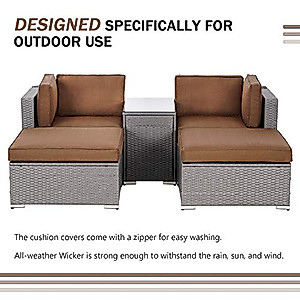 Oakmont 5 Pieces Patio Furniture Sectional Set Outdoor All-Weather PE Rattan Wicker Lawn Conversation Sets Cushioned Garden Sofa Set with Glass Coffee Table(Brown)