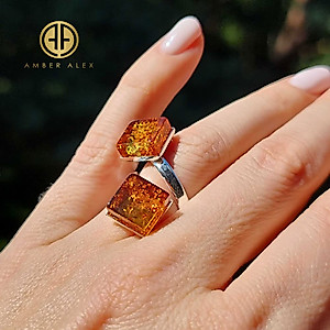 AMBER ALEX Cognac Amber Square Shape Adjustable Ring Sterling Silver, Genuine Baltic Amber.