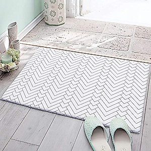 Chucoco Modern Abstract Geometry Herringbone Art Doormat Shaggy Plush Rug, Comfy Furry Floor Area Rugs Simple White Cozy Throw Shag Carpets Indoor Entrance Decor Door Mats