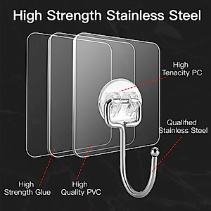 Large Adhesive Hooks for Hanging Heavy-Duty 44Ib(Max) 10 Packs, Wall Hangers without Nails Self-Adhesive Traceless Clear and Removable, Waterproof and Rustproof Multiple Uses for Bathroom Kitchen Home