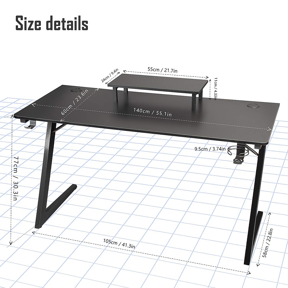 TOPSKY Gaming Computer Desk Home Office Gaming Table with Cup Holder Headphone Hook Z Shaped Leg(55”, All Black)