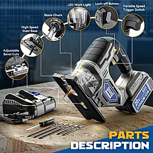 2024 New Cordless Jigsaw Tool Compatible with Dewalt 20V Battery, Brushless jigsaw tool with Variable Speed, 0°-45° Bevel Cuts, LED Light, 3-Position Orbital Action for Straight/Curve/Circle Cutting
