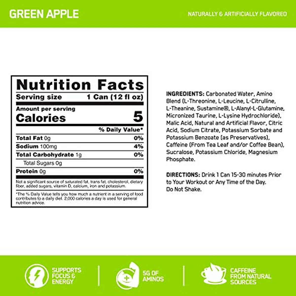 Optimum Nutrition Amino Energy Drink Plus Electrolytes for Hydration, Sugar Free, Caffeine for Pre-Workout Energy and Amino Acids / BCAAs for Post-Workout Recovery - Green Apple, 12 Fl Oz (Pack of 12)