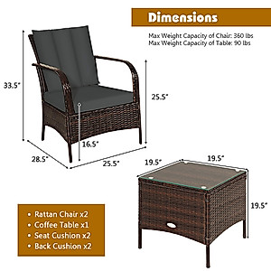 DORTALA 3 Piece Wicker Patio Furniture Set, Outdoor PE Rattan Conversation Set with Chairs, Cushions & Coffee Table for Patio Garden Poolside, Grey