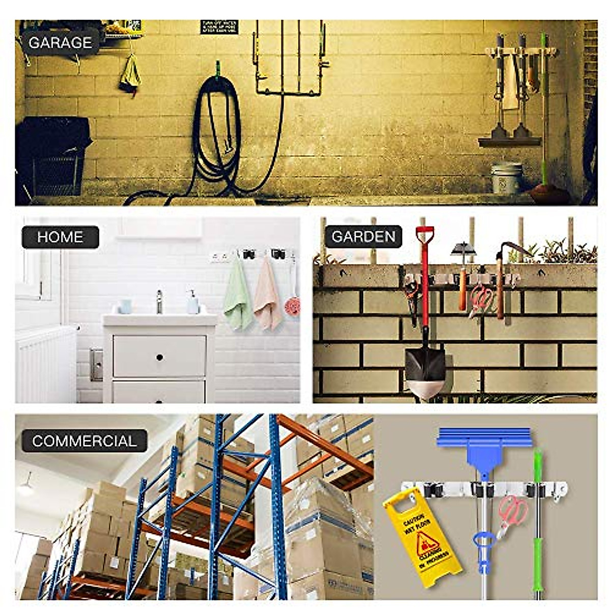 Broom Mop Holder Wall Mount Stainless Steel Rack Tools Organizer Hanger with 3 Slots 4 Hooks for Kitchen Garage Garden Bathroom Shelving System