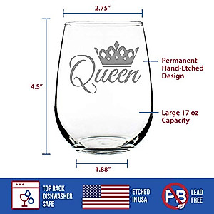 Queen – Cute Funny Stemless Wine Glass, Large Glasses, Etched Sayings, Gift Box