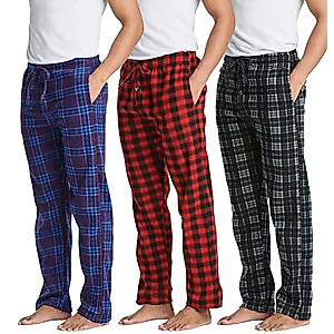 3 Pack: Mens Pajama Pants Lounge Fleece Buffalo Plaid Men PJ Bottoms Sleep Pockets Christmas Microfleece Men Pajamas Pjs Sleeping Sleepwear Night Knit Fluffy Winter Warm Sleeping Fuzzy Set 2-XL