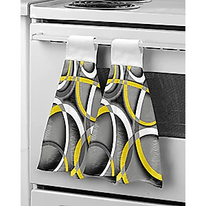 LBDOMOV Yellow Geometry Kitchen Hand Towel, Soft Hanging Dish Towels with Loop for Bathroom, Abstract Modern Grey Art Decor Absorbent Drying Cleaning Cloth Dishclothes Decorative Sets, 2-PC