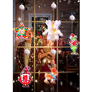 Brightown Christmas Window Lights Decorations, LED Christmas Hanging Lights Stole Green Monster Dwarf Deer Angel Star Shaped Battery Operated with Suction Cup Hook for Xmas Tree Window Indoor Decor