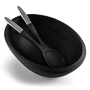 nambe Noir Dark Stained Salad Bowl and 2 Servers with Nambe Alloy Accents | Measures 15" x 10" | Made with Acacia Wood and Nambe Alloy | Designed by Steve Cozzolino
