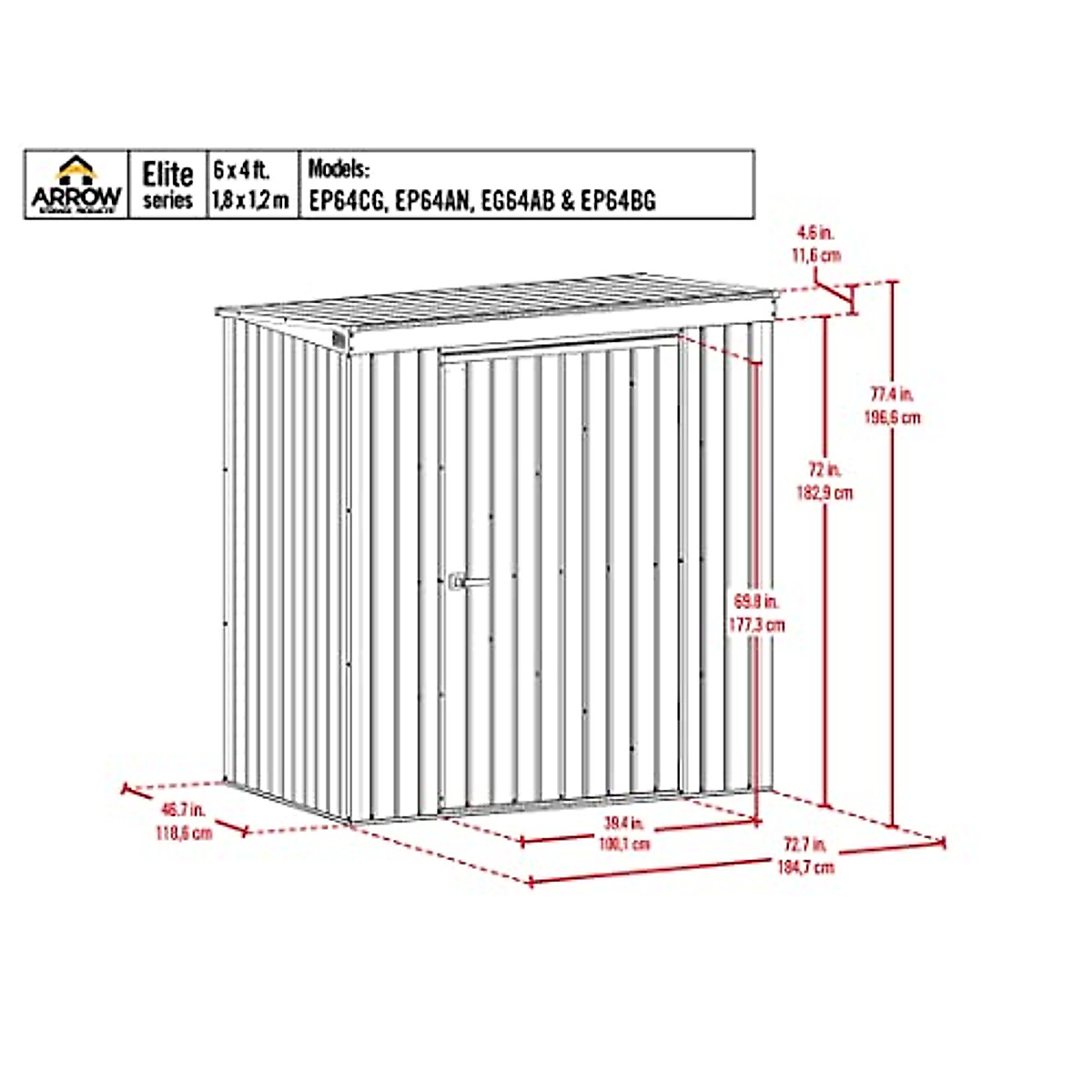 Arrow Shed Elite 6' x 4' Outdoor Lockable Steel Storage Shed Building with Pent Roof, Anthracite