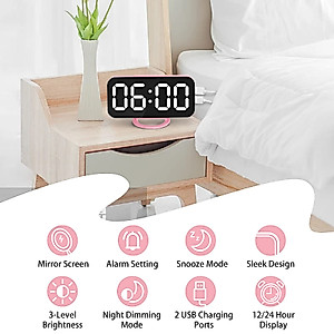 Miowachi Pink Digital Alarm Clock,Large Mirrored LED Clock,Snooze,2 USB Charger Ports Desk Alarm Clocks for Girls School (Pink)