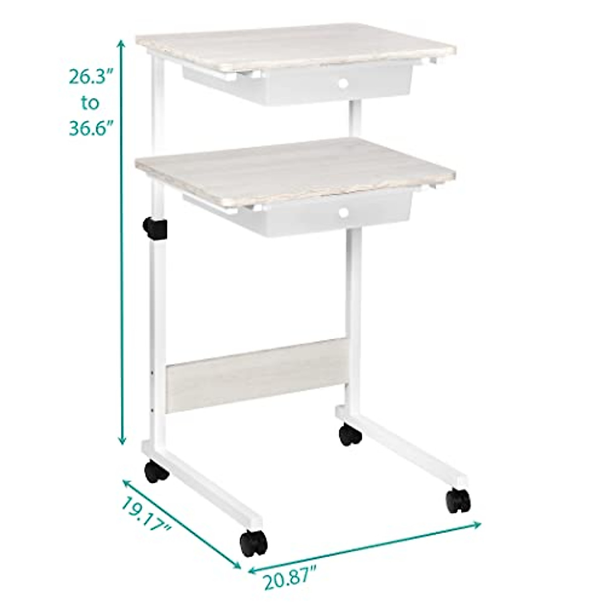 East Bank Designs Adjustable Height Rolling Table, White with Wood Grain Laminate Top