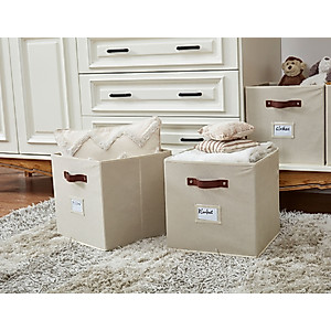 DECOMOMO Storage Bins | Cube Storage Bin with Label Holders, Fabric Storage Cubes for Organizing Shelves Closet Toy Clothes (10.5" x 11" / 6pcs, Beige)