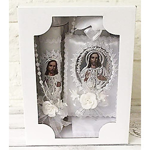 Elegant Handmade 5 Piece Jesus Foil Picture Lace Baptism Christening Shells Candle Set Favors Girl Boy White Set de Bautizo Espanol Nina Nino Berries Communion Lace Gift Box