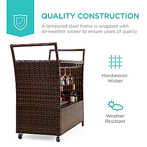 Best Choice Products Outdoor Rolling Wicker Bar Cart w/Removable Ice Bucket, Glass Countertop, Wine Glass Holders, Storage Compartments - Brown