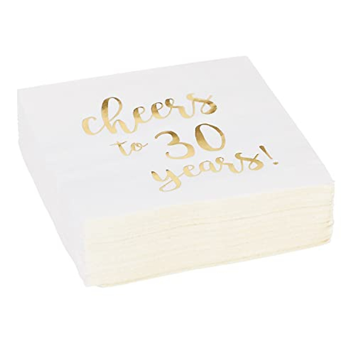 50 Pack Cheers to 30 Years Cocktail Napkins for 30th Birthday, Anniversary Party Supplies, 3-Ply, White and Gold Foil (5 x 5 In)