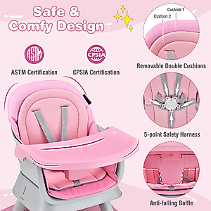 HONEY JOY 8 in 1 Baby High Chair, Convertible Highchair for Babies and Toddlers/Table and Chair Set/Building Block Table/Booster Seat/Stool/Toddler Chair with Safety Harness (Pink)