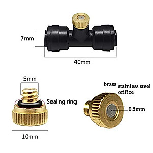 Yotako 1/4'' Slip-Lock Misting Nozzles Kit, 12Pcs Brass Misting Nozzles 10Pcs Water Misting Nozzle Tees Thread Misting Nozzle Tees with Plugs for Outdoor Spray Cooling System