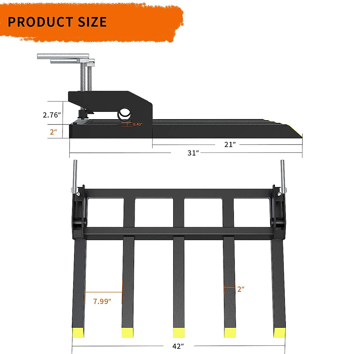 YINTATECH Clamp on Debris Forks to 48" Bucket, Heavy Duty Clamp-On Pallet Fork 2500 lbs Capacity Attachments Fit for Loader Bucket Skidsteer Tractor