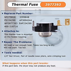 【Upgraded】 SUMNEW 3387134 High-Limit Thermostat 3392519 Dryer Thermal Fuse 3977393 Cut-Off Switch 3977767 Cycling Thermostat Compatible with Whirlpool Kenmore maytag Replaces Parts 3399693 PS345113